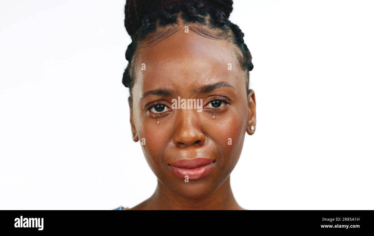 Black woman, face and crying and sad with depression isolated on white ...
