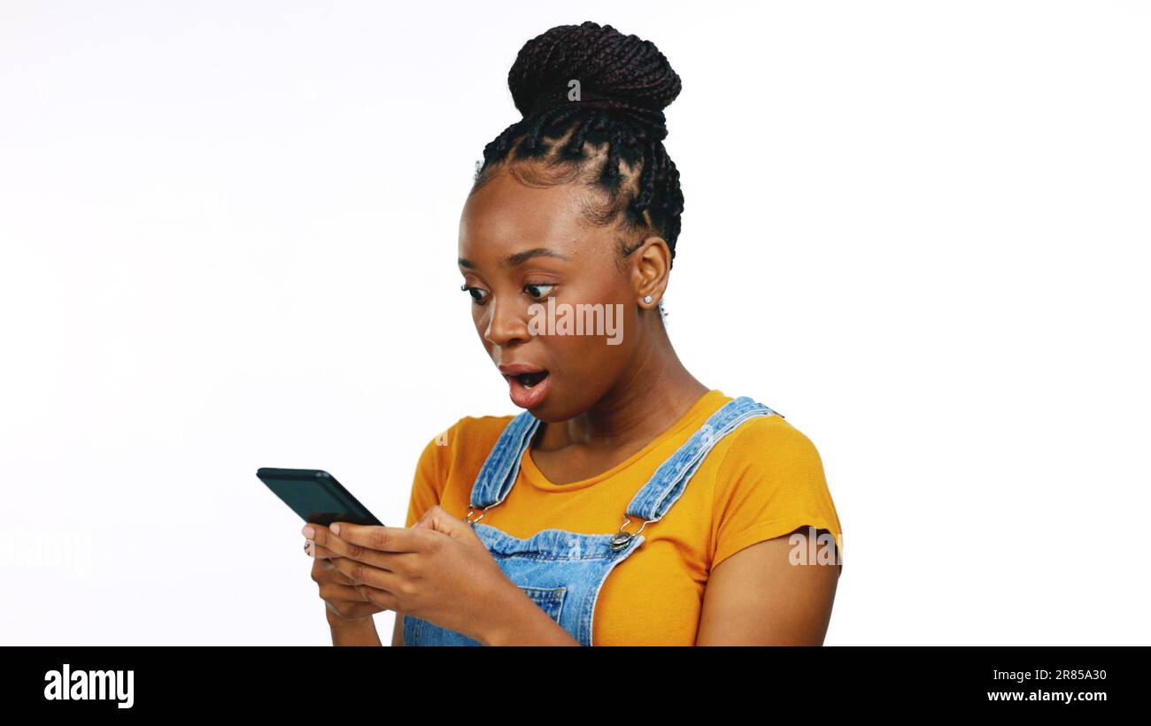 Smile, typing and happy black woman with phone on white background for ...