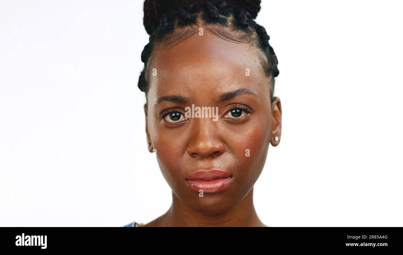 Black woman, face and crying with mental health and depressed isolated ...