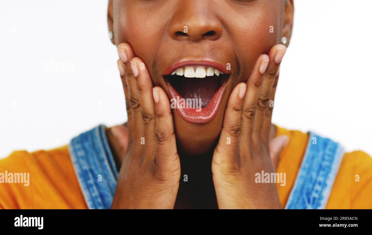 Success, shock mockup and zoom of girl with excited, crazy and comic ...
