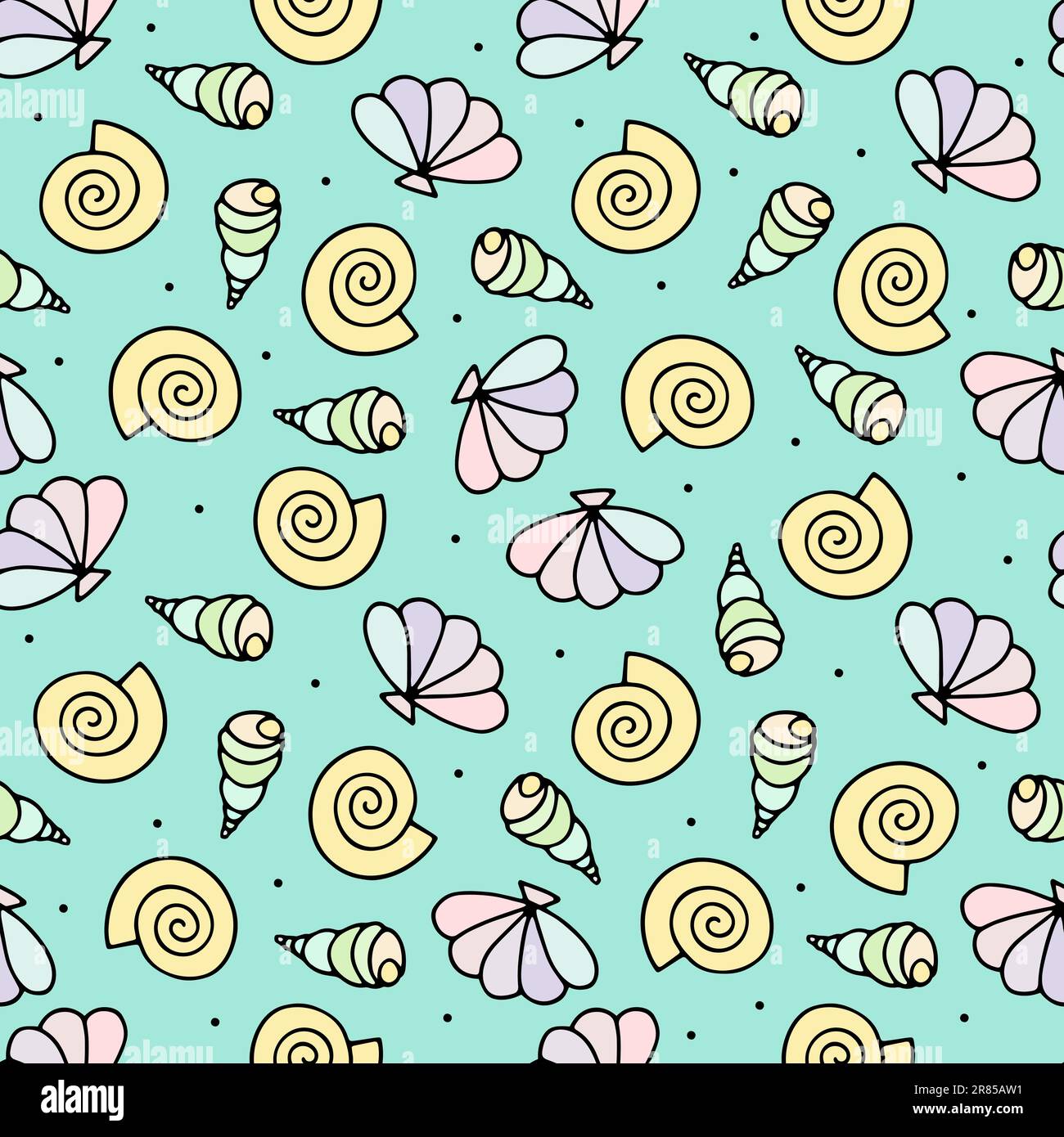 Seashells seamless vector drawing pattern. Cartoon pastel sea snails on ...