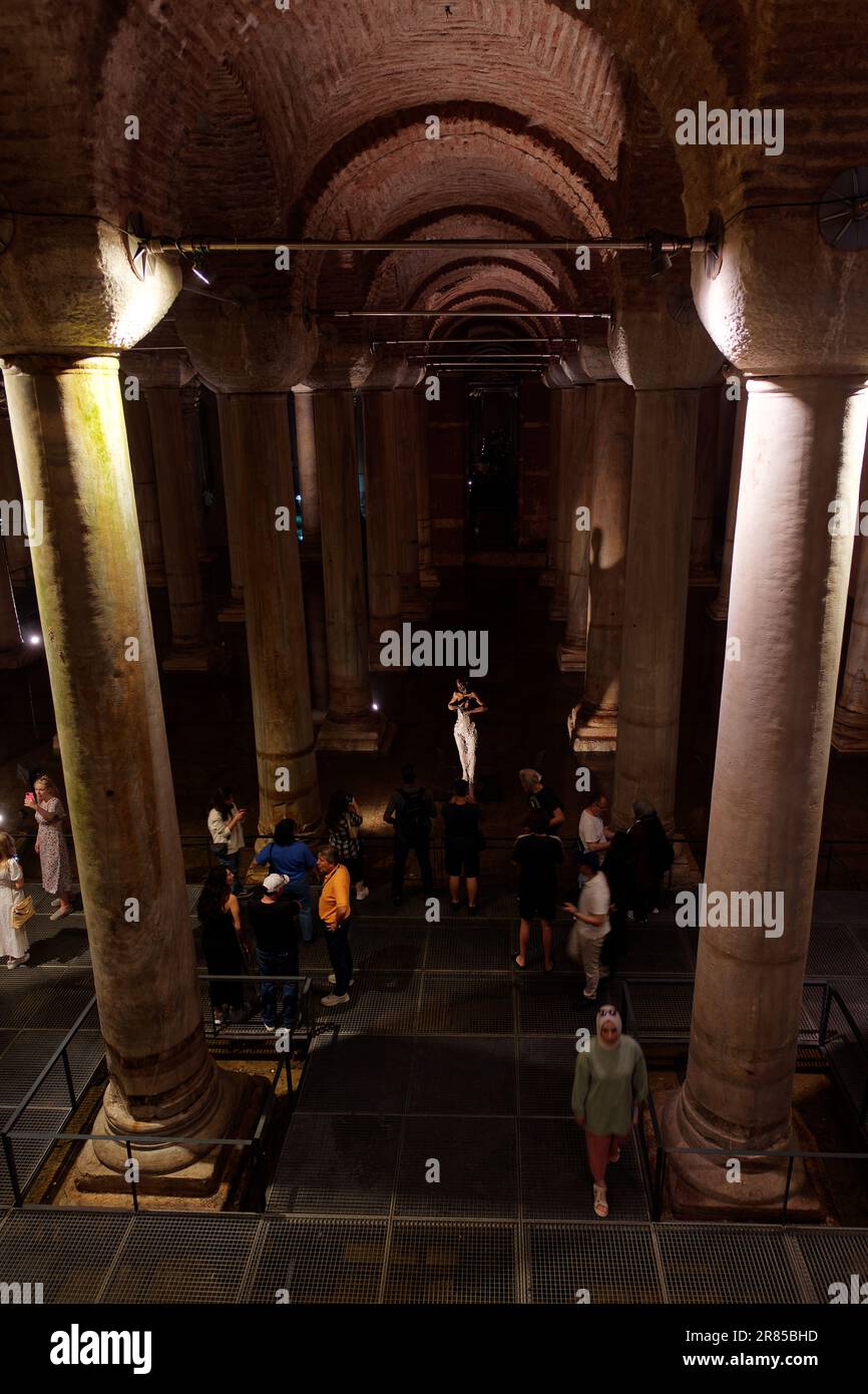 Visitors inside the ancient Basilica Cistern, Istanbul, Turkey Stock ...