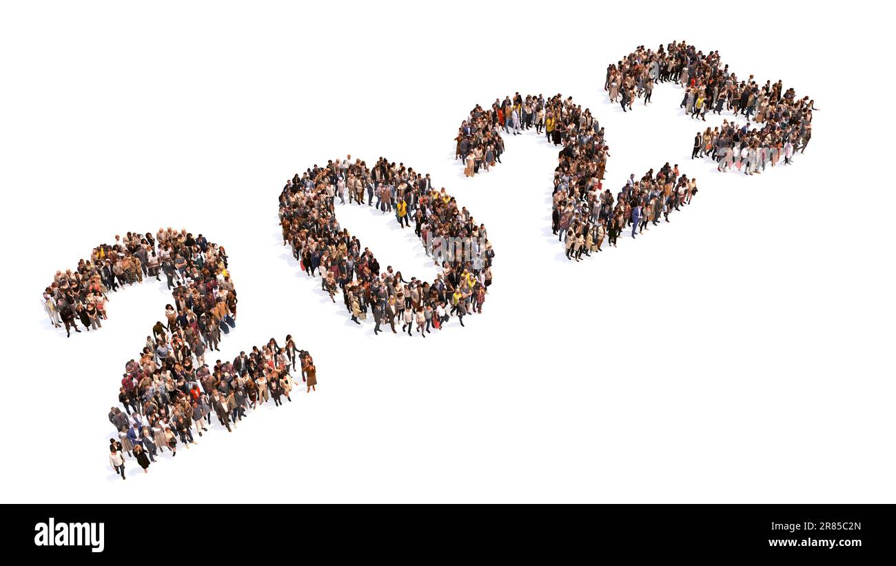 Concept or conceptual large community of people forming 2023 year. 3d ...