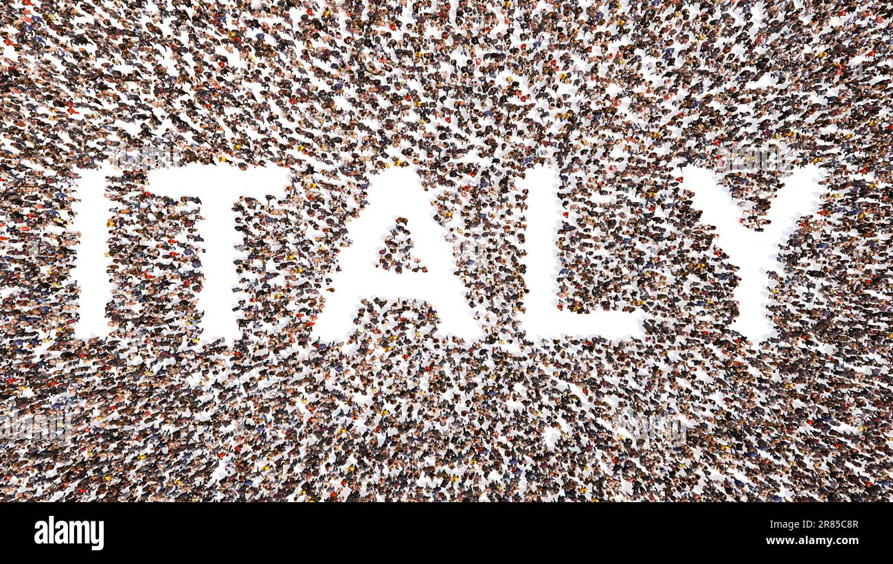 Concept or conceptual large community of people forming the word ITALY ...