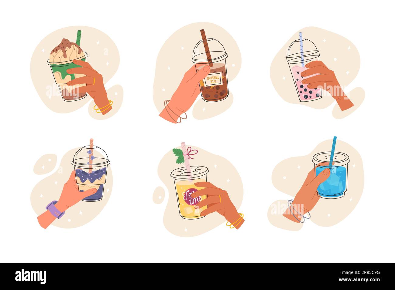 Set bubble tea cups in hands. Sweet boba tea Stock Vector Image & Art ...