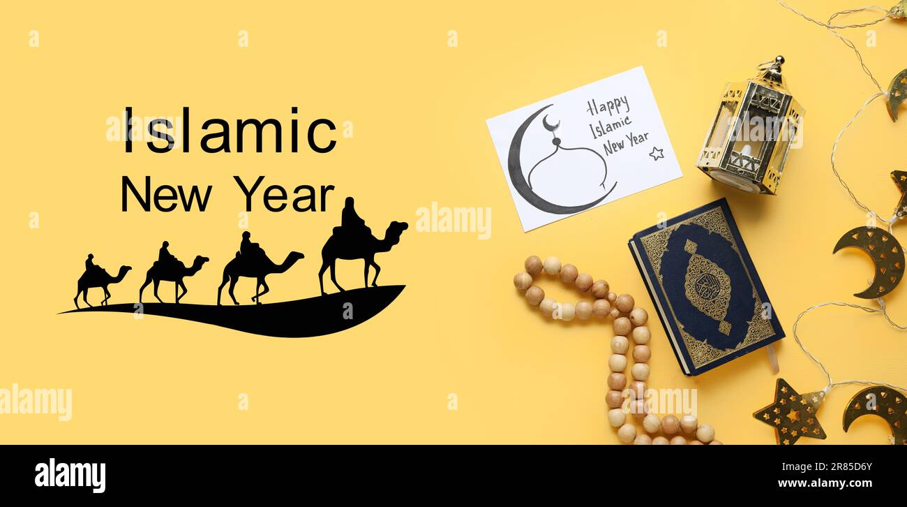 Banner for Islamic New Year with Quran, Muslim lamp and tasbih Stock ...