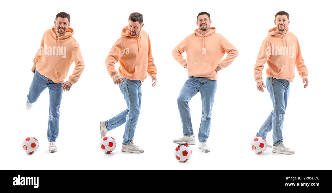 Set of man with soccer ball isolated on white Stock Photo - Alamy