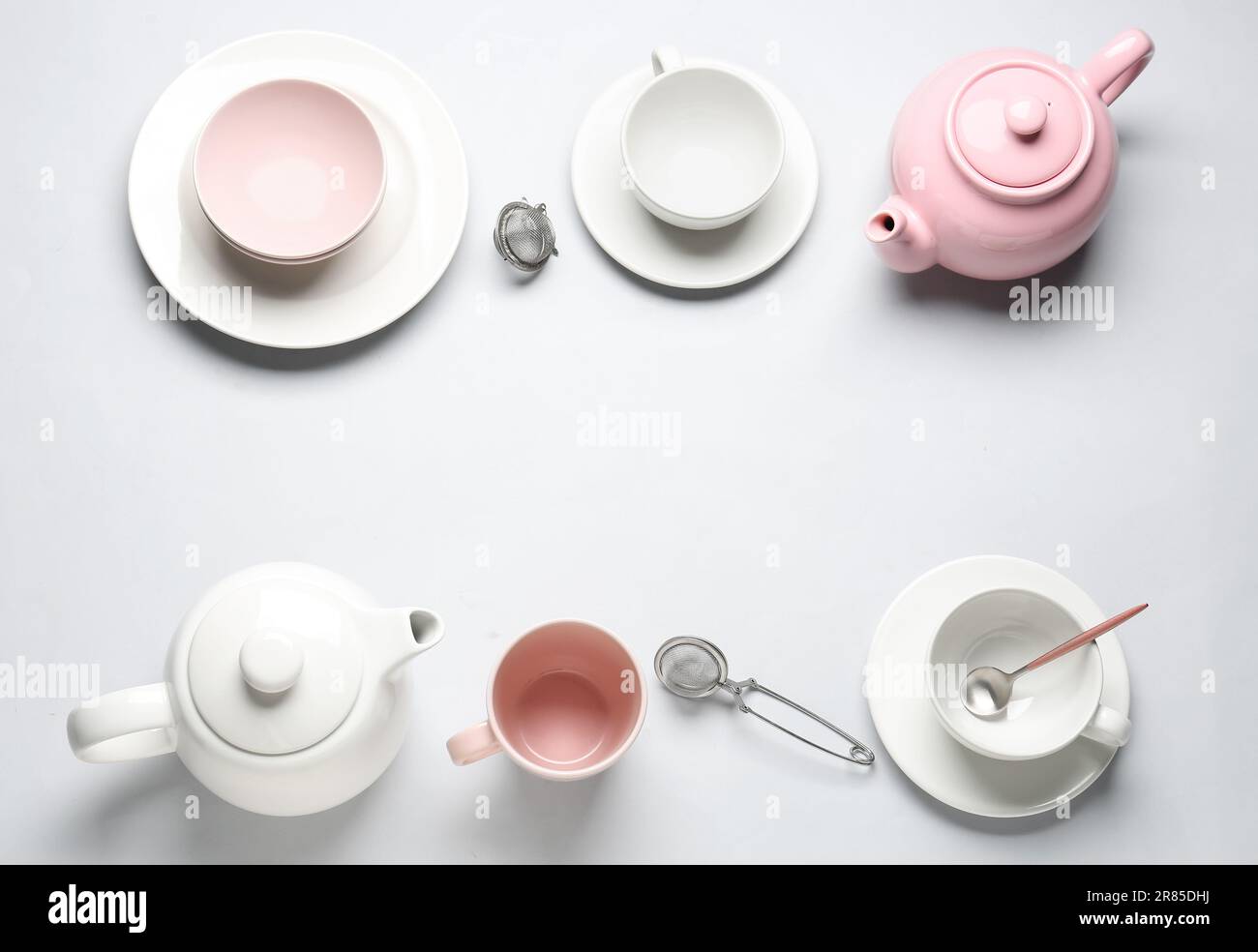 Composition with stylish tea set on grey background Stock Photo - Alamy