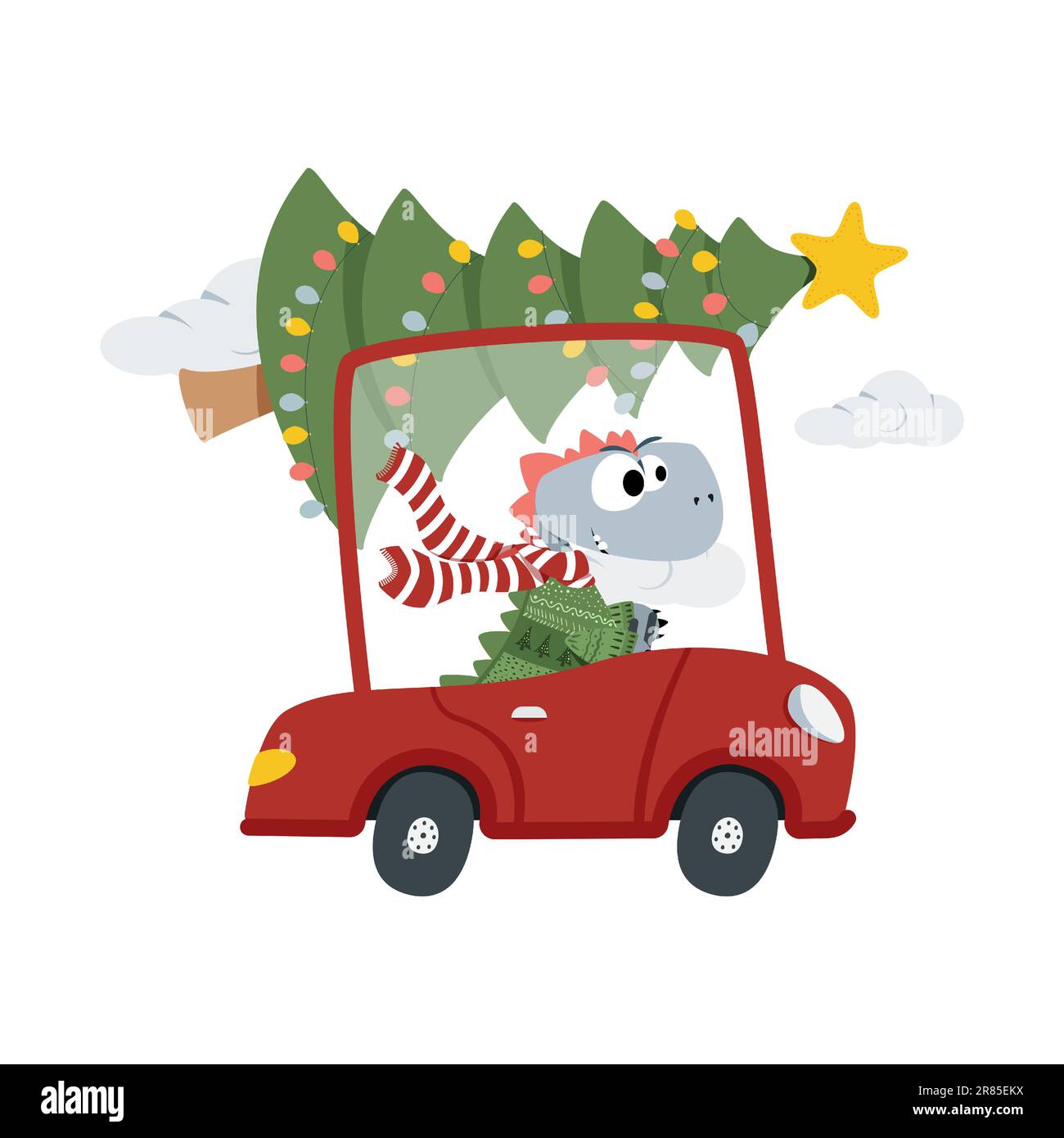 Cute dino illustration. Christmas Greeting Card with Santa Claus ...