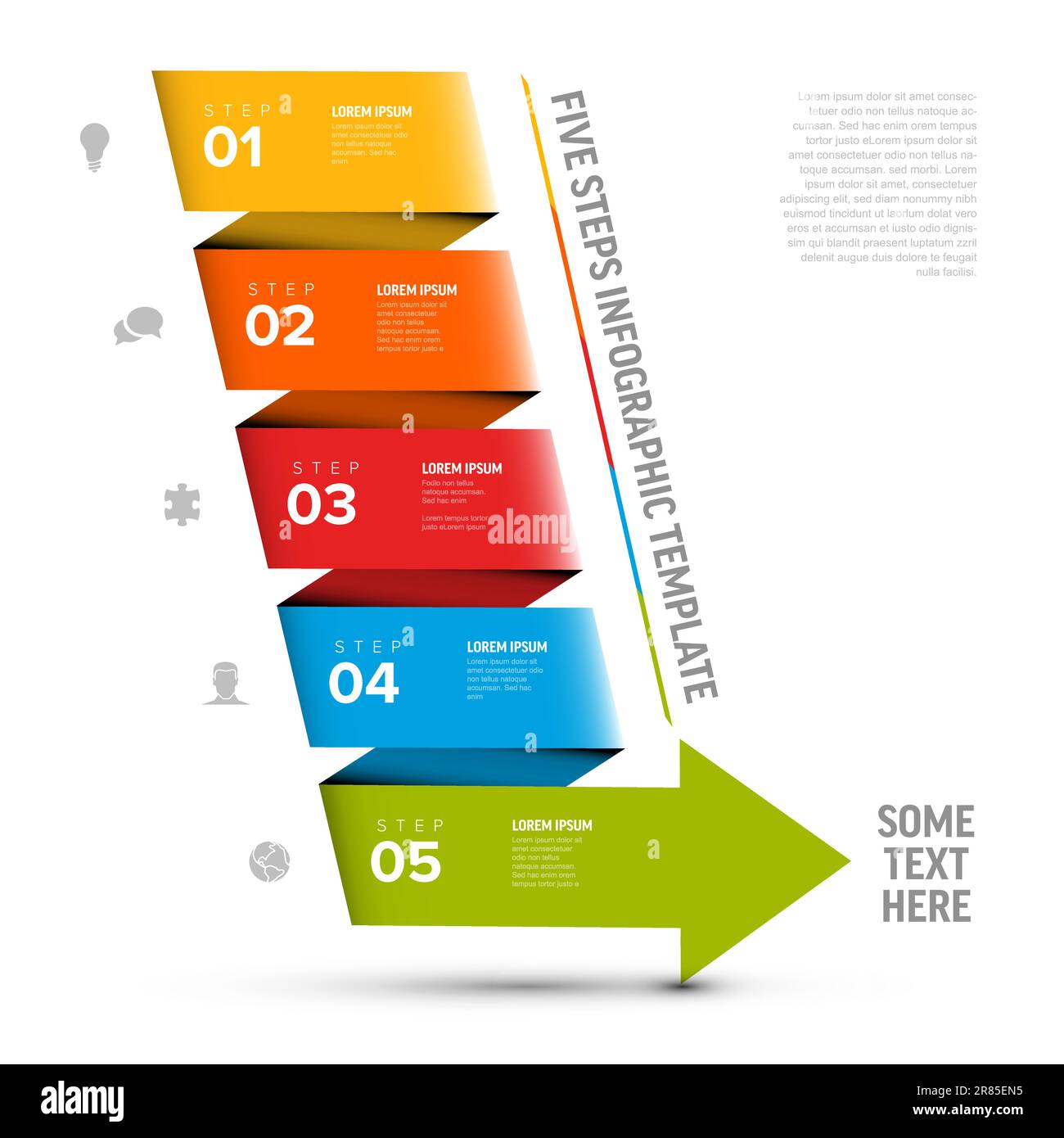 Colorful five progress steps template made from big arrow with descriptions and icons. Simple ...