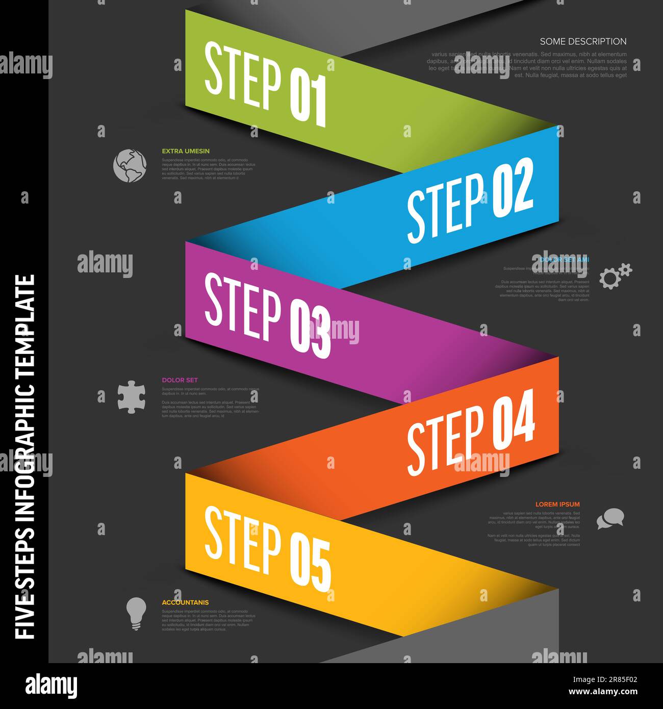Five vector progress block steps template with descriptions, big numbers. Five fresh colorfolded ...