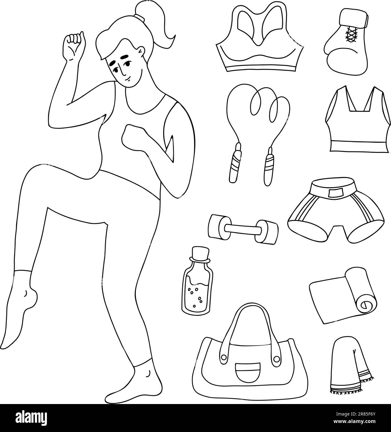 Collection outline doodles female sports. Woman boxer, sportswear, jump ...