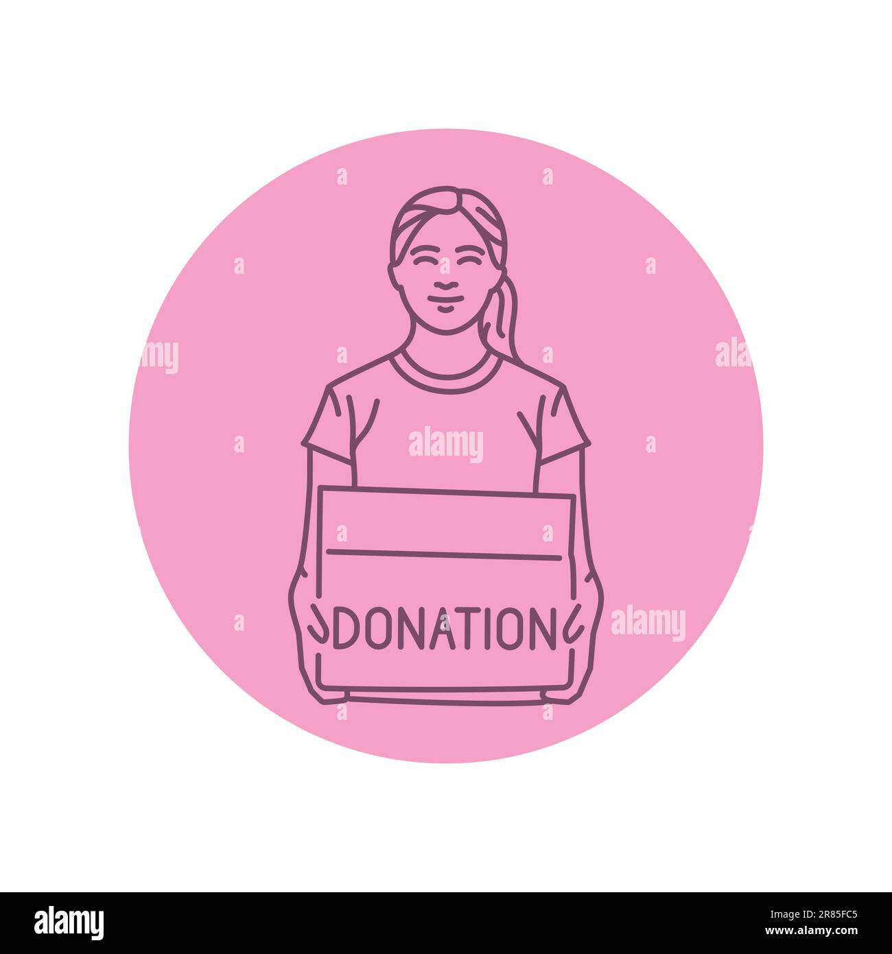 Smiling female volunteer with donation box black line icon. Pictogram ...