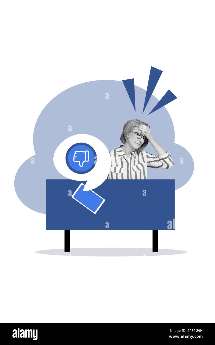 Vertical collage of funny grandmother hand head stress receive bad ...