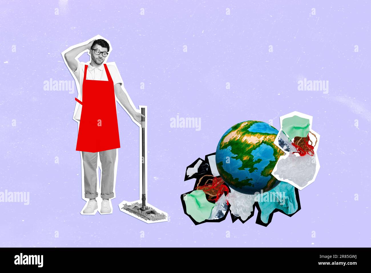 Creative abstract template collage of confused young man mopping floor ...