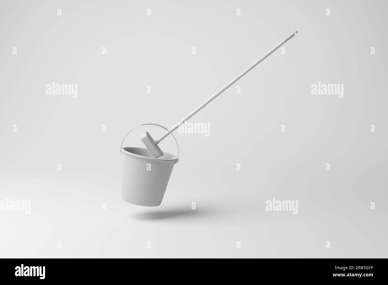 White broom and bucket on white background with shadow in monochrome ...