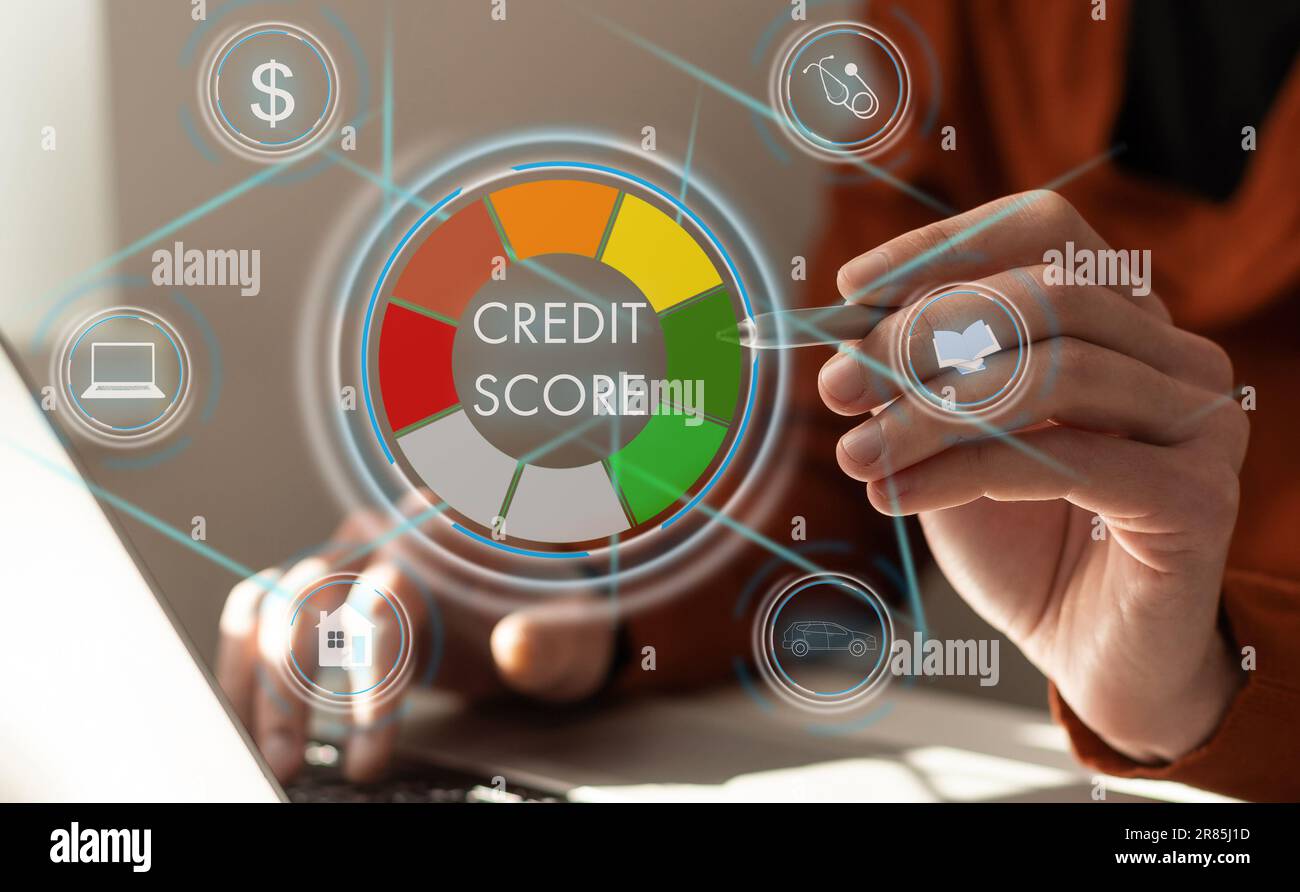 Credit report score button on virtual screen. Business Finance concept ...
