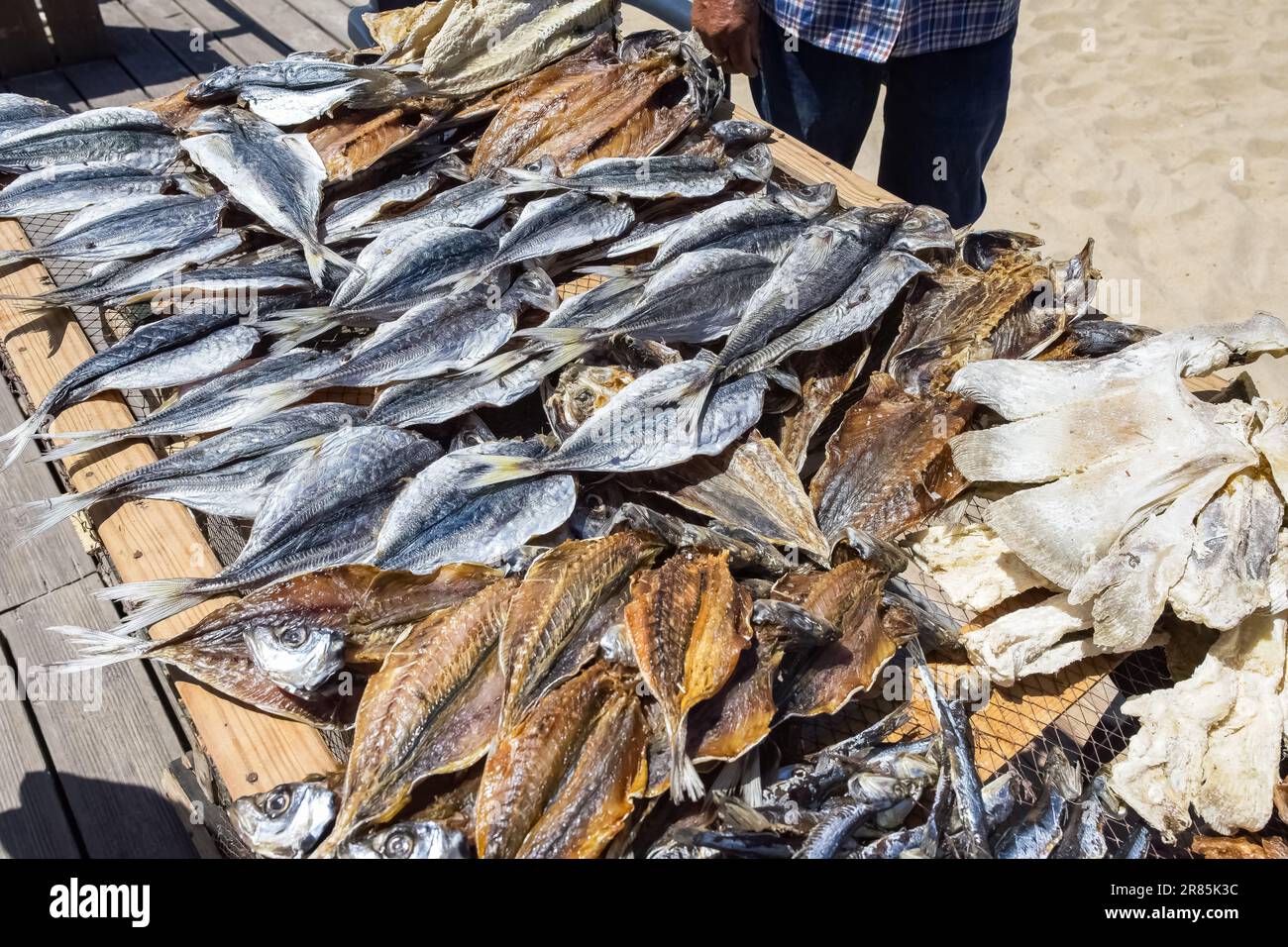 Nazare in Portugal, salted fishes sold on the beach, traditional market ...