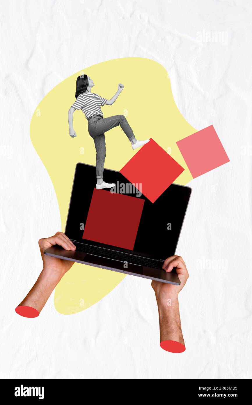 Creative poster collage of hands holding laptop netbook screen display ...