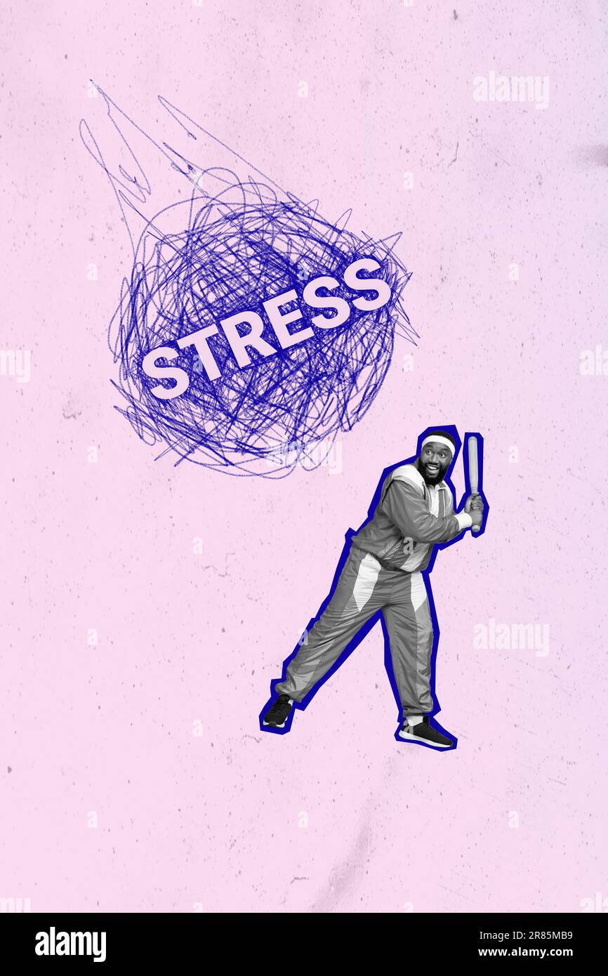 Vertical artwork collage of mini black white gamma guy hold baseball ...