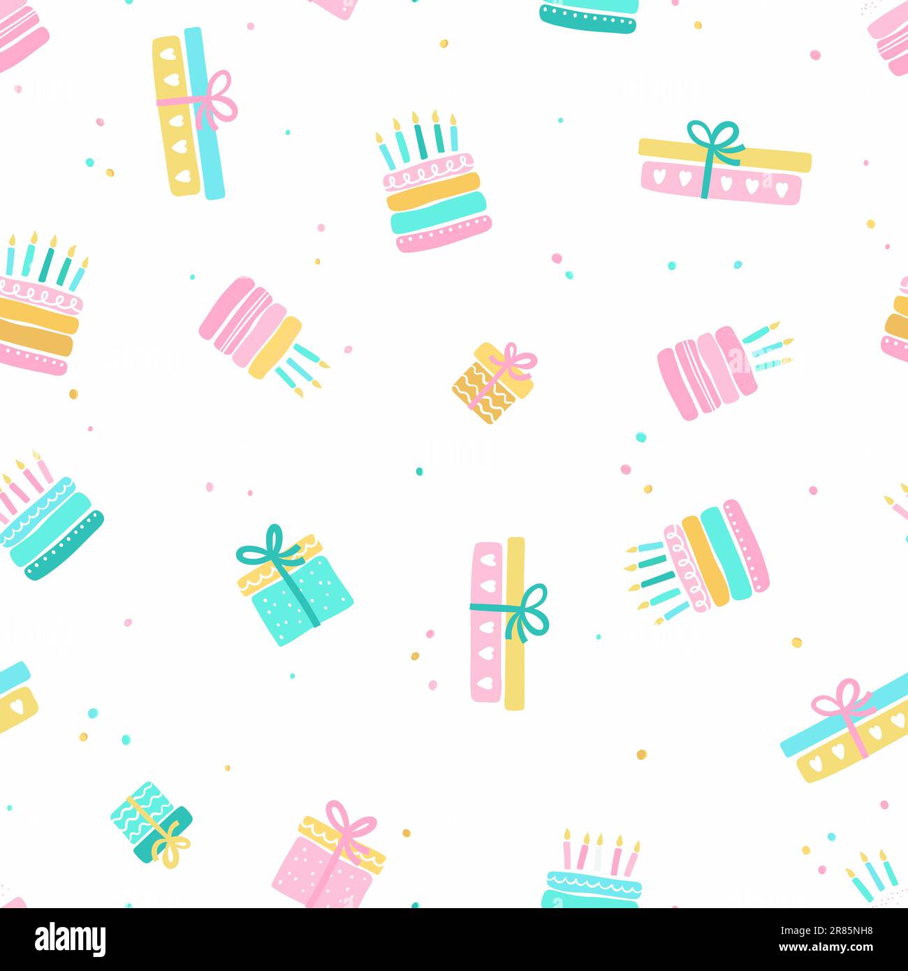 Fun hand drawn party seamless background with cakes, gift boxes ...