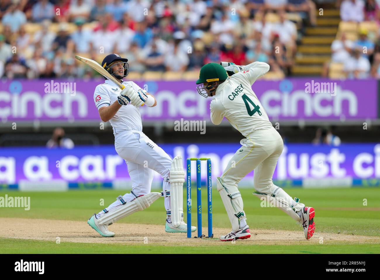 Birmingham, England. 19th June, 2023. England's Joe Root hits a 6 off ...