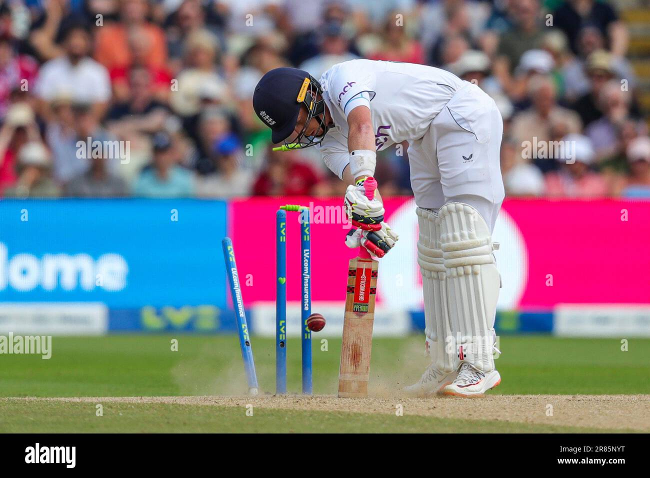 Birmingham, England. 19th June, 2023. England's Ollie Pope is bowled by ...