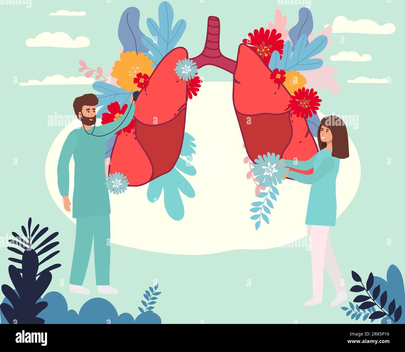 Pulmonology vector illustration. Flat tiny lungs healthcare persons ...