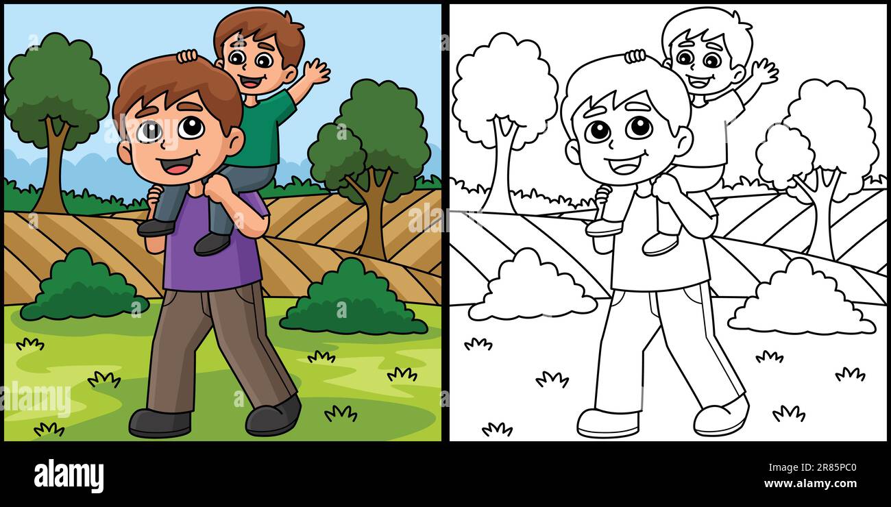 Father Carrying his Son Coloring Page Illustration Stock Vector Image ...