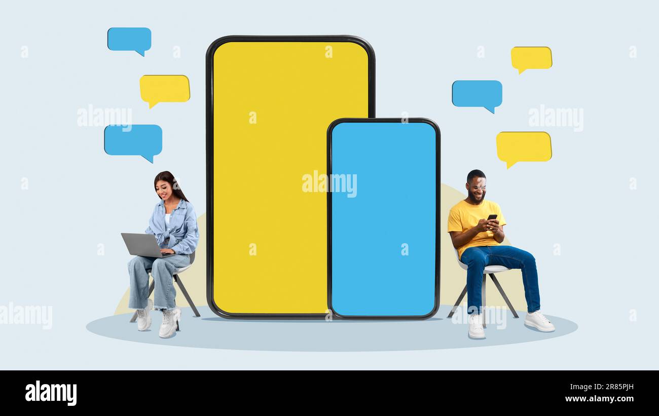 Modern online communication. Black man and woman near big smartphones ...