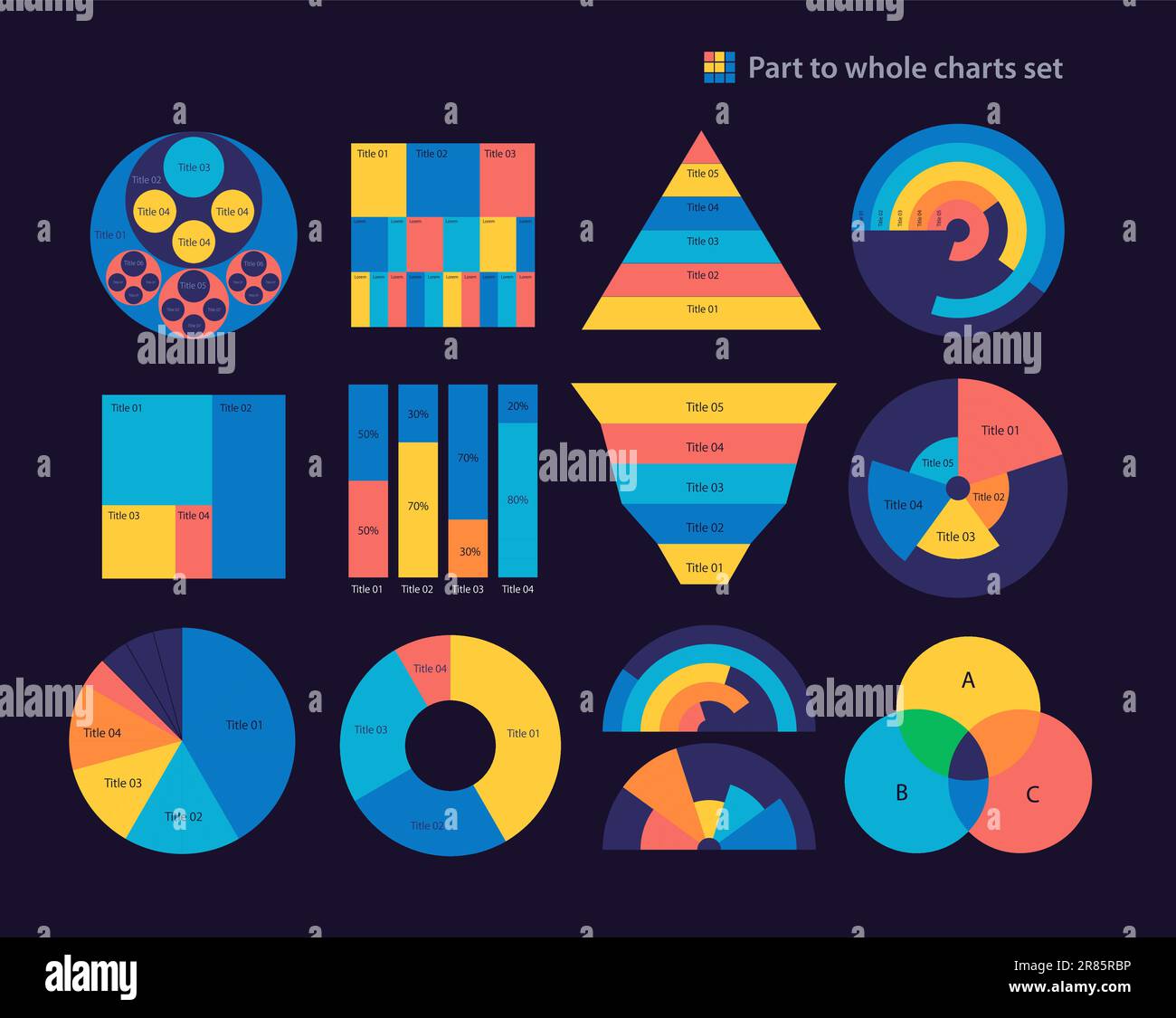 Part to whole infographic charts design template set for dark theme ...