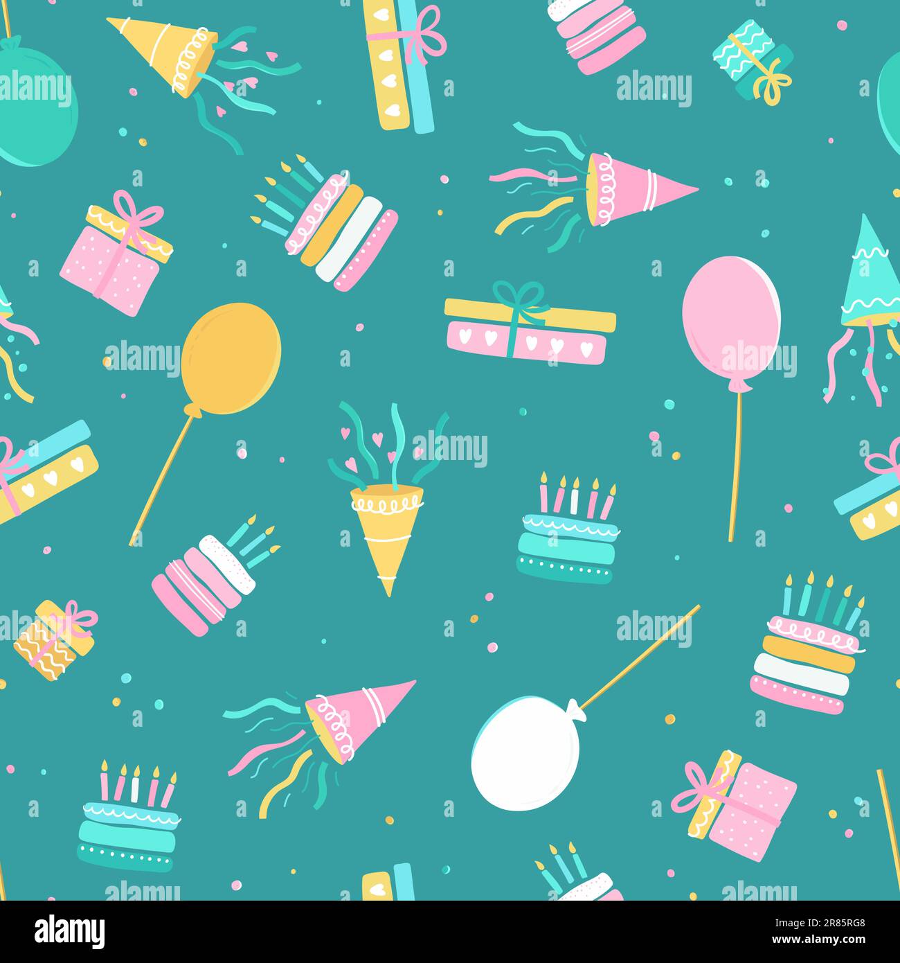 Fun hand drawn party seamless background with cakes, gift boxes ...