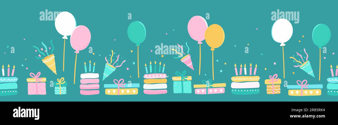 Fun hand drawn party seamless background with cakes, gift boxes ...