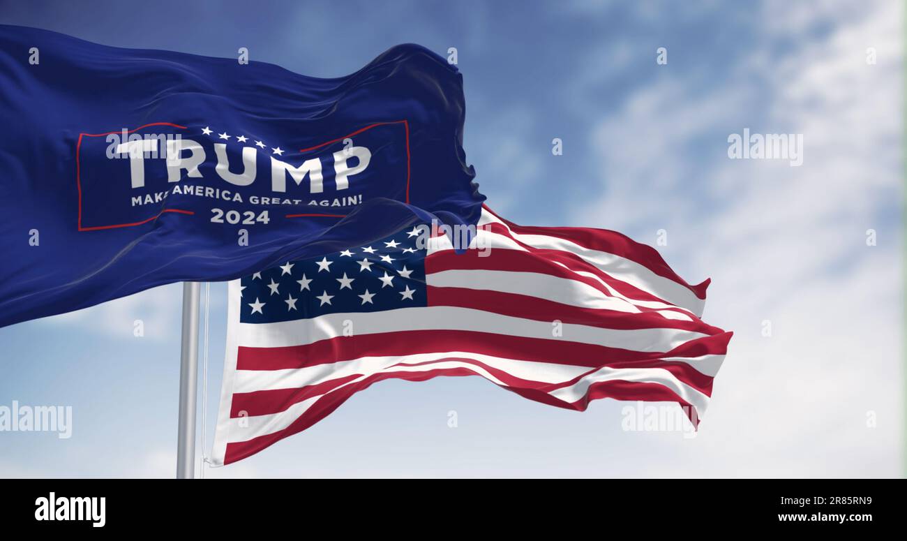 Arlington, US, march 2023: Flags of Donald Trump election campaign and ...