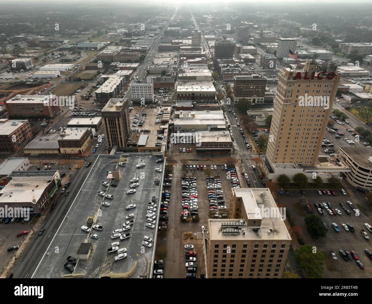 An aerial view of the Waco skyline with the Alico Building in the ...