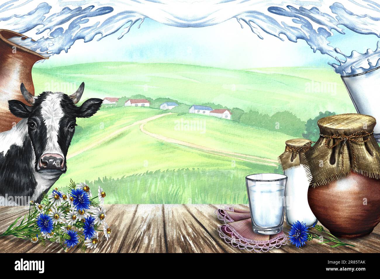 Cow and dairy products in ceramic and glassware. Against the backdrop ...
