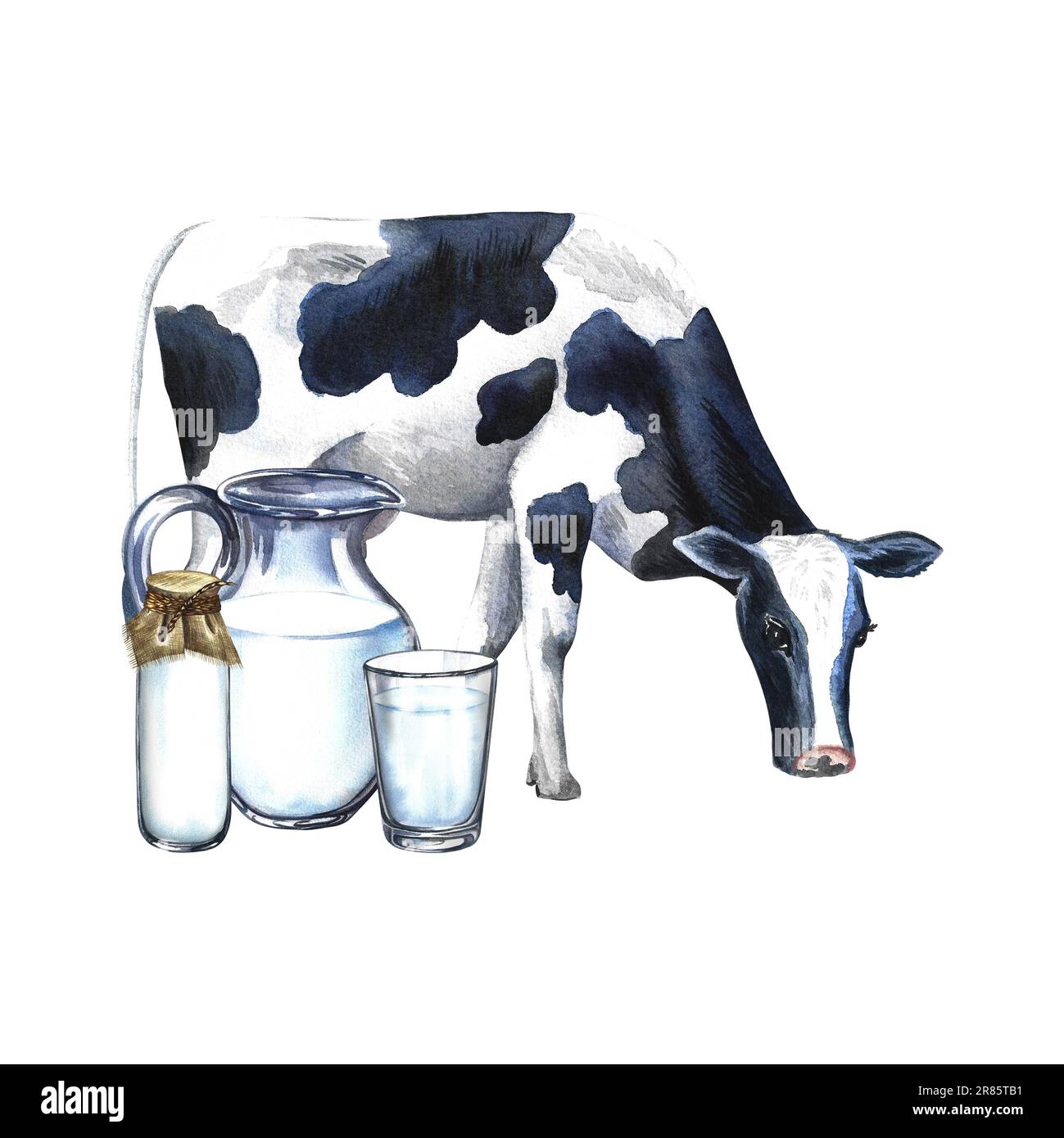 Cow and dairy products in a glass bowl. Watercolor hand drawn ...