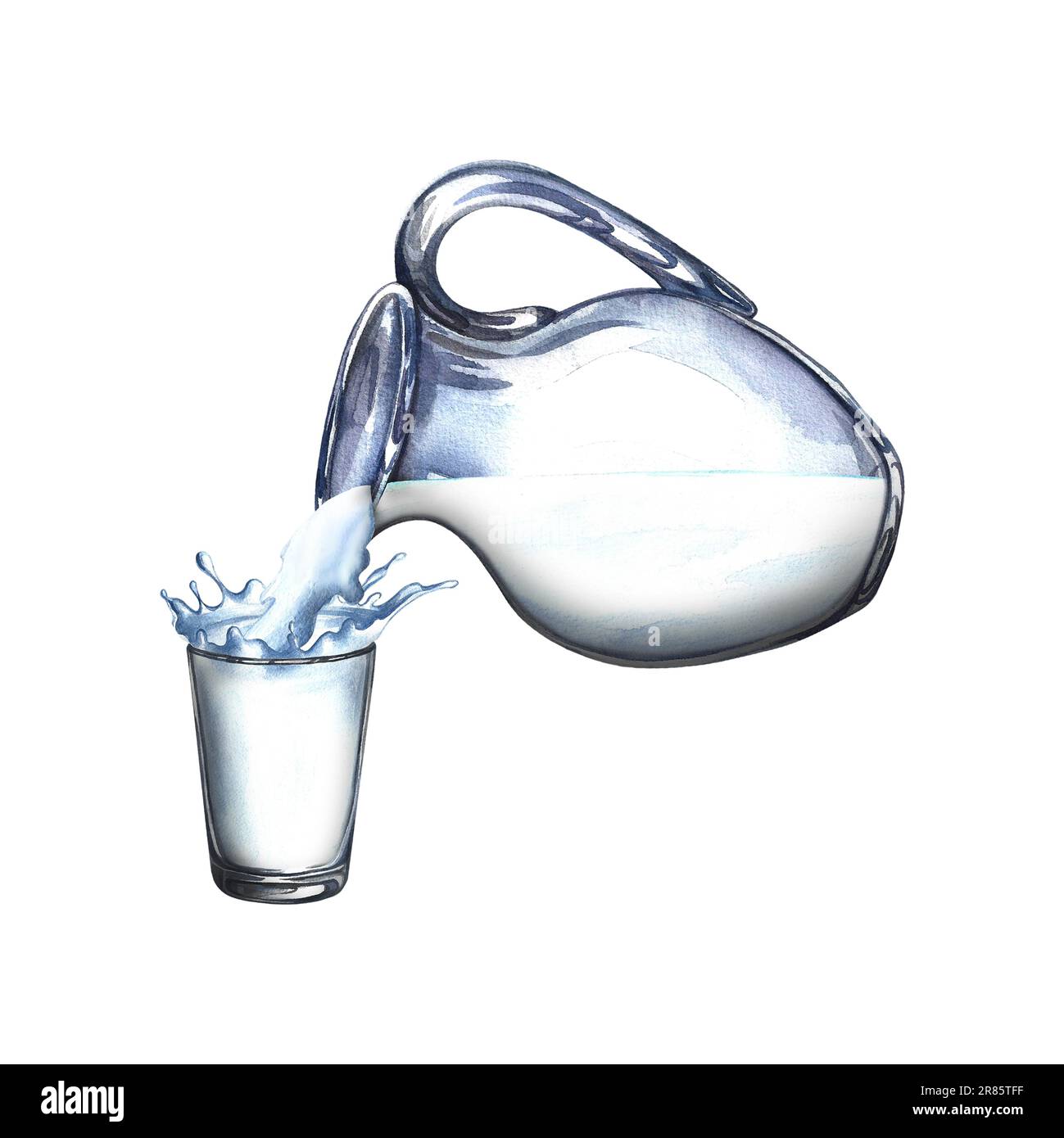 Decanter pours milk into a glass. Glassware with milk. Watercolor hand ...