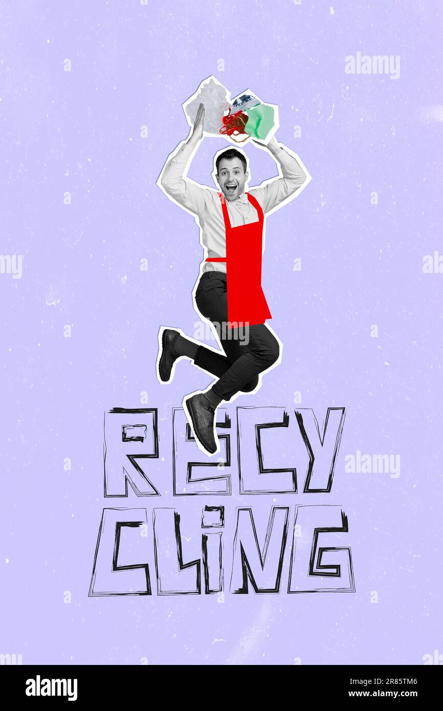 Ecosystem collage template of funny volunteer jumping hold trash ...