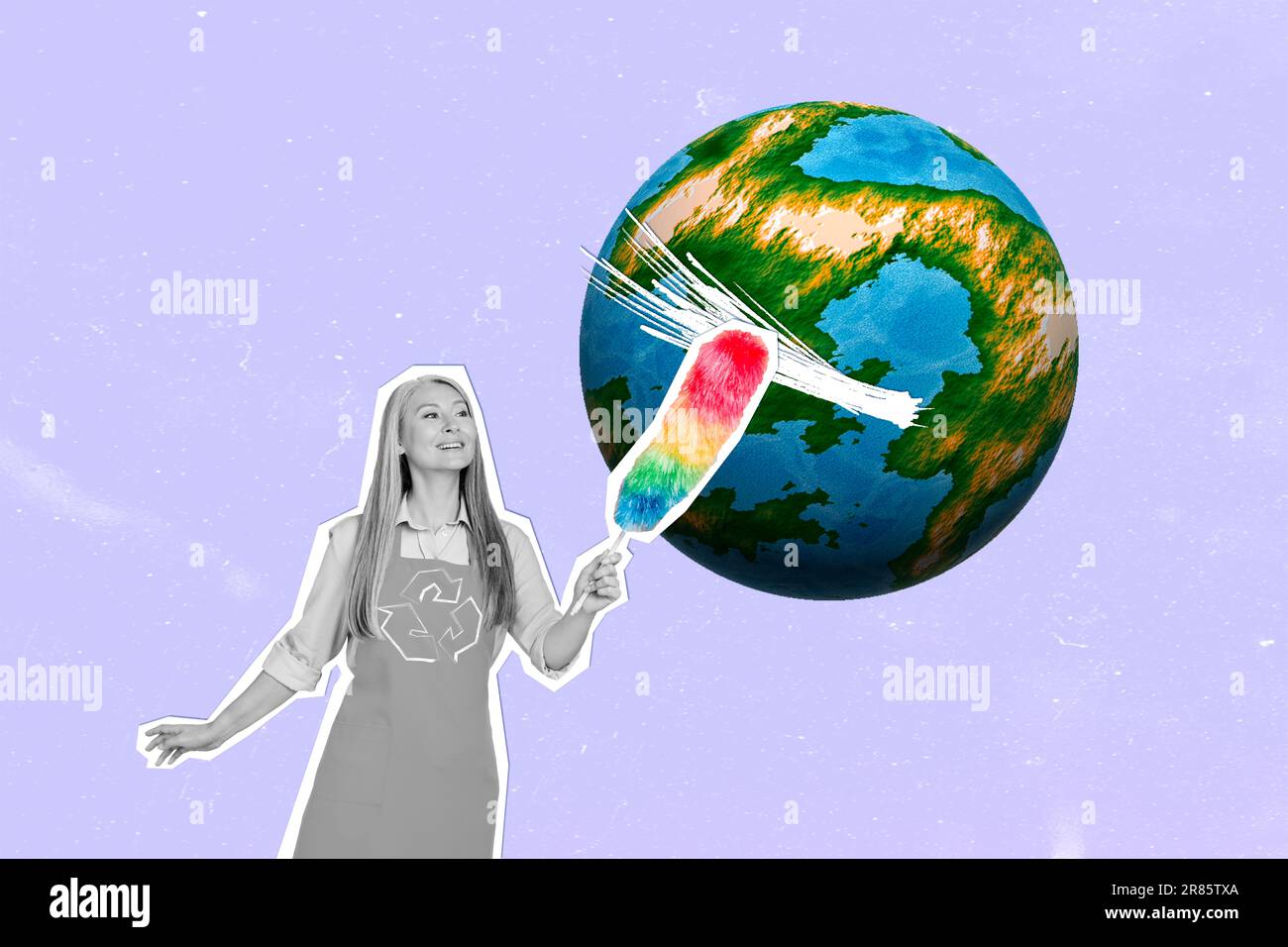 Collage of lady cleaner housekeeper hold fluffy stick dust environment ...