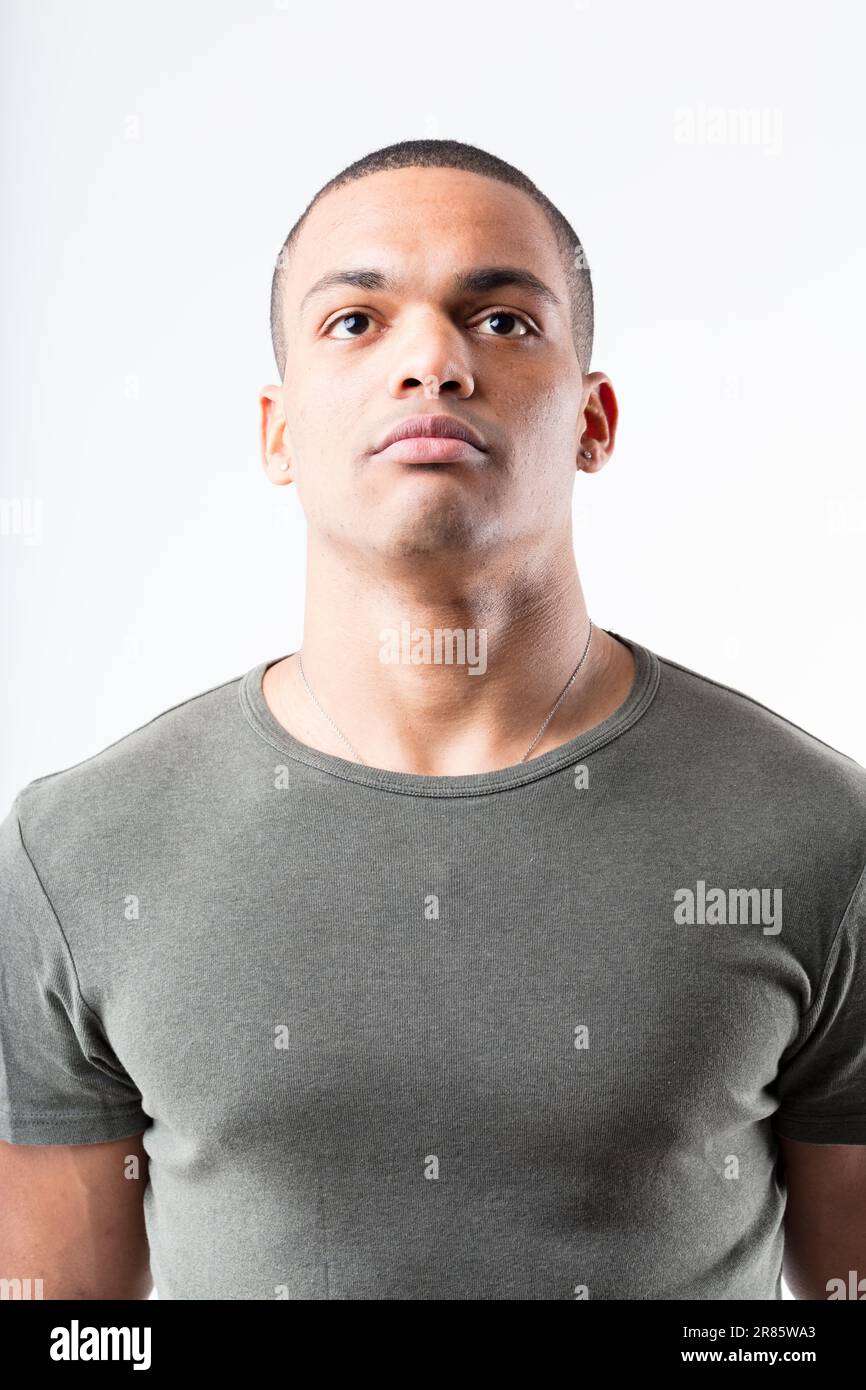 Black man in military pose, looking upward. Whether waiting for orders ...