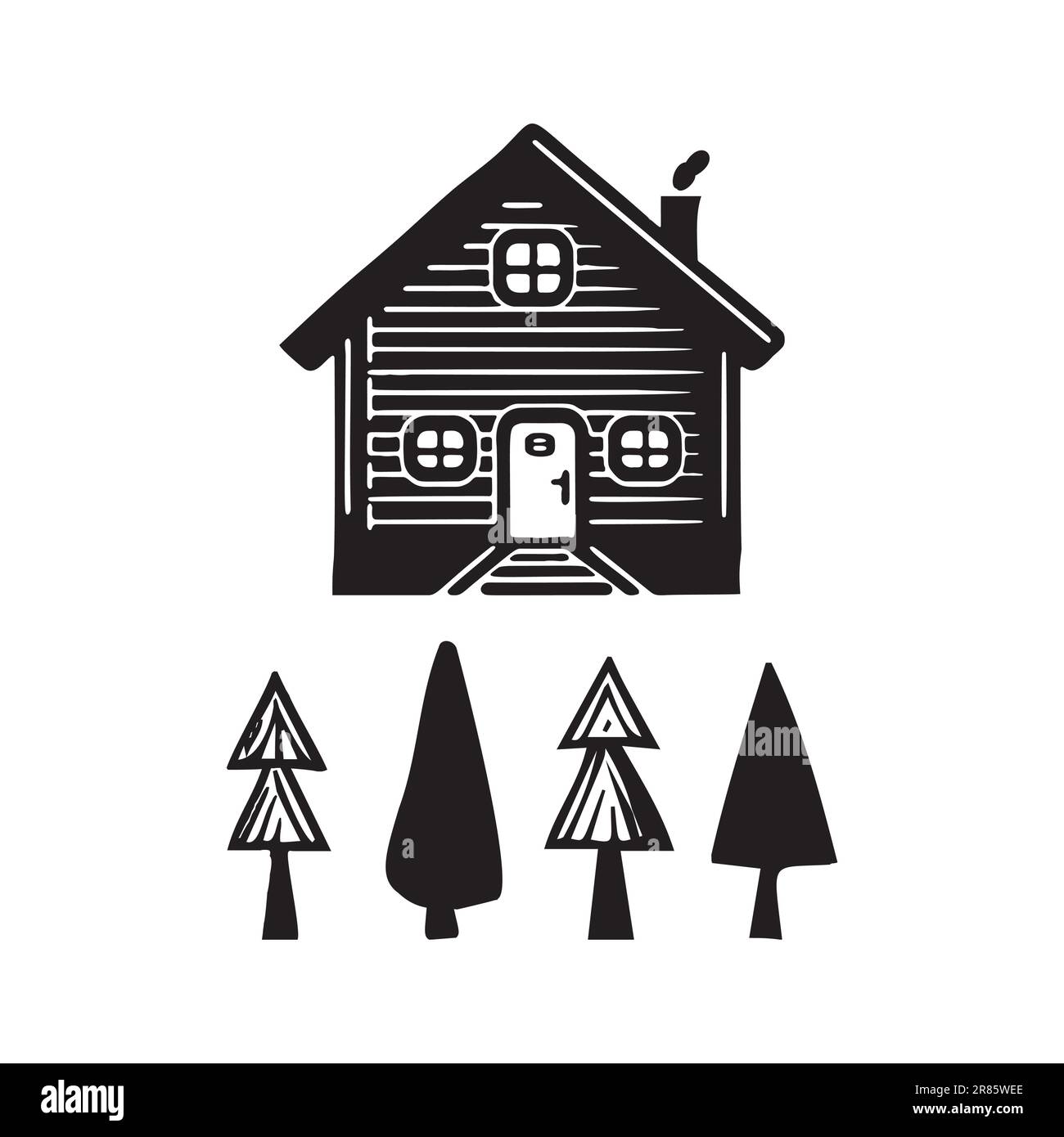 Set of log cabin and alpine fir tree vector illustrations. Masculine ...