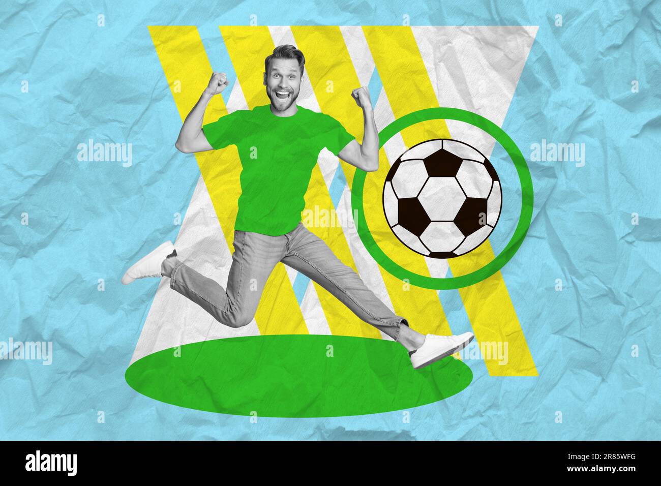 Collage picture of delighted excited guy jumping raise fists kick ...