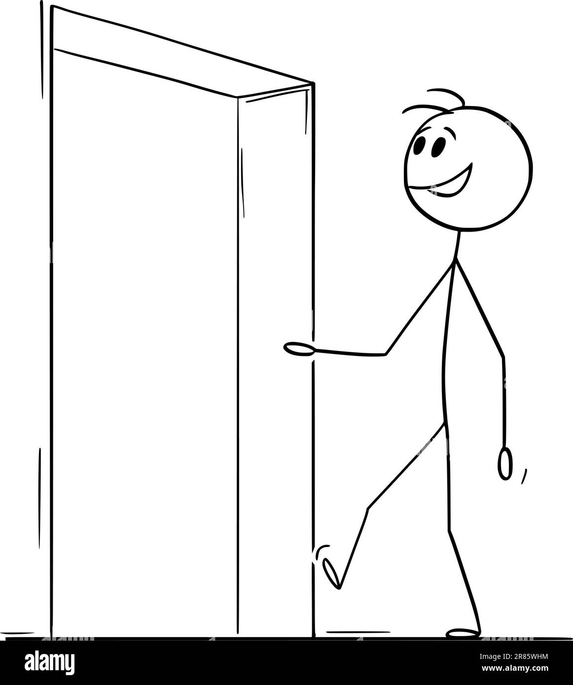 Smiling happy person leaving or entering building, walking through door ...