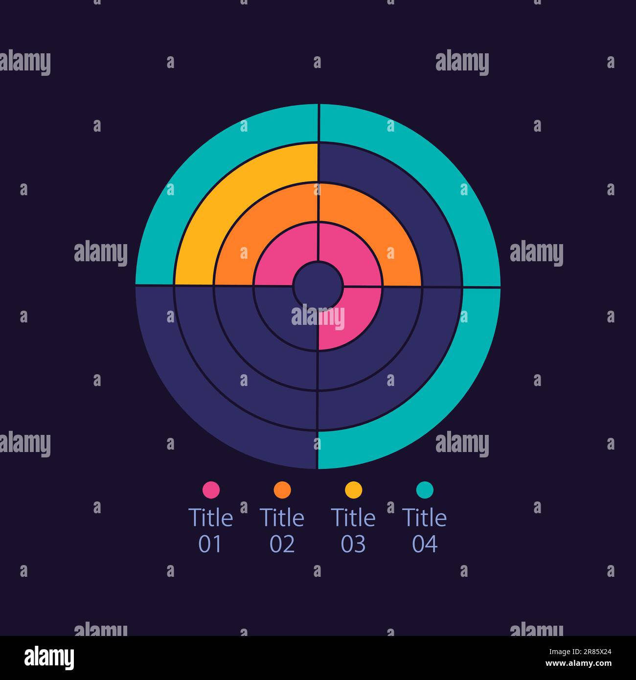 Concentric radial infographic chart design template for dark theme ...