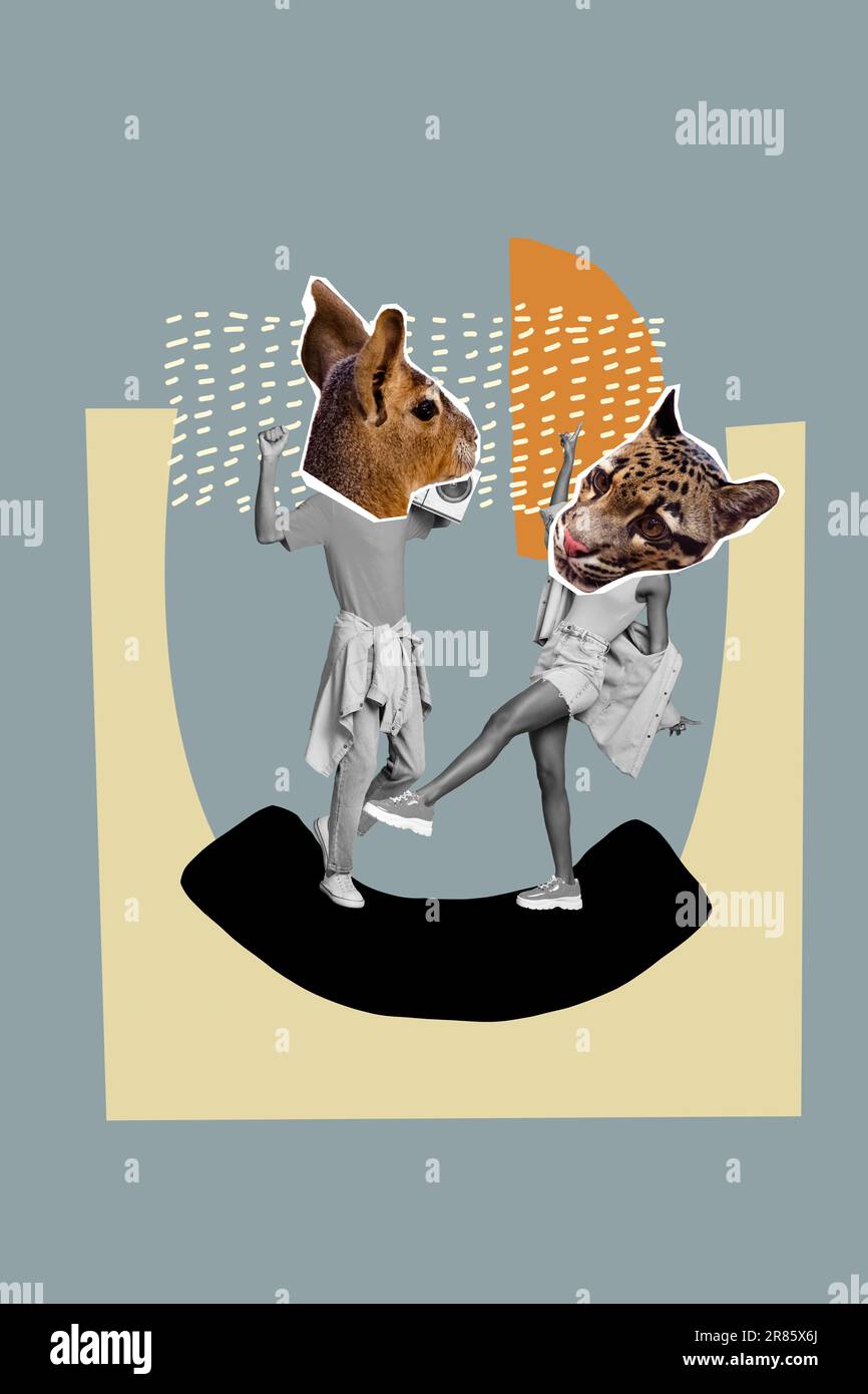 Surreal collage of two headless people bunny guy dancing retro boombox ...