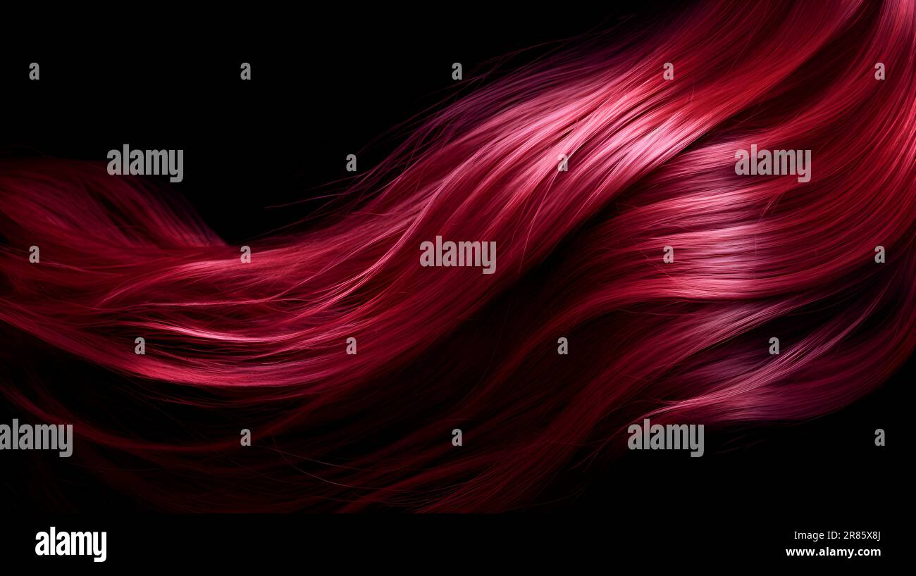Red hair wavy strand. Isolated on black background. Shiny haircare ...