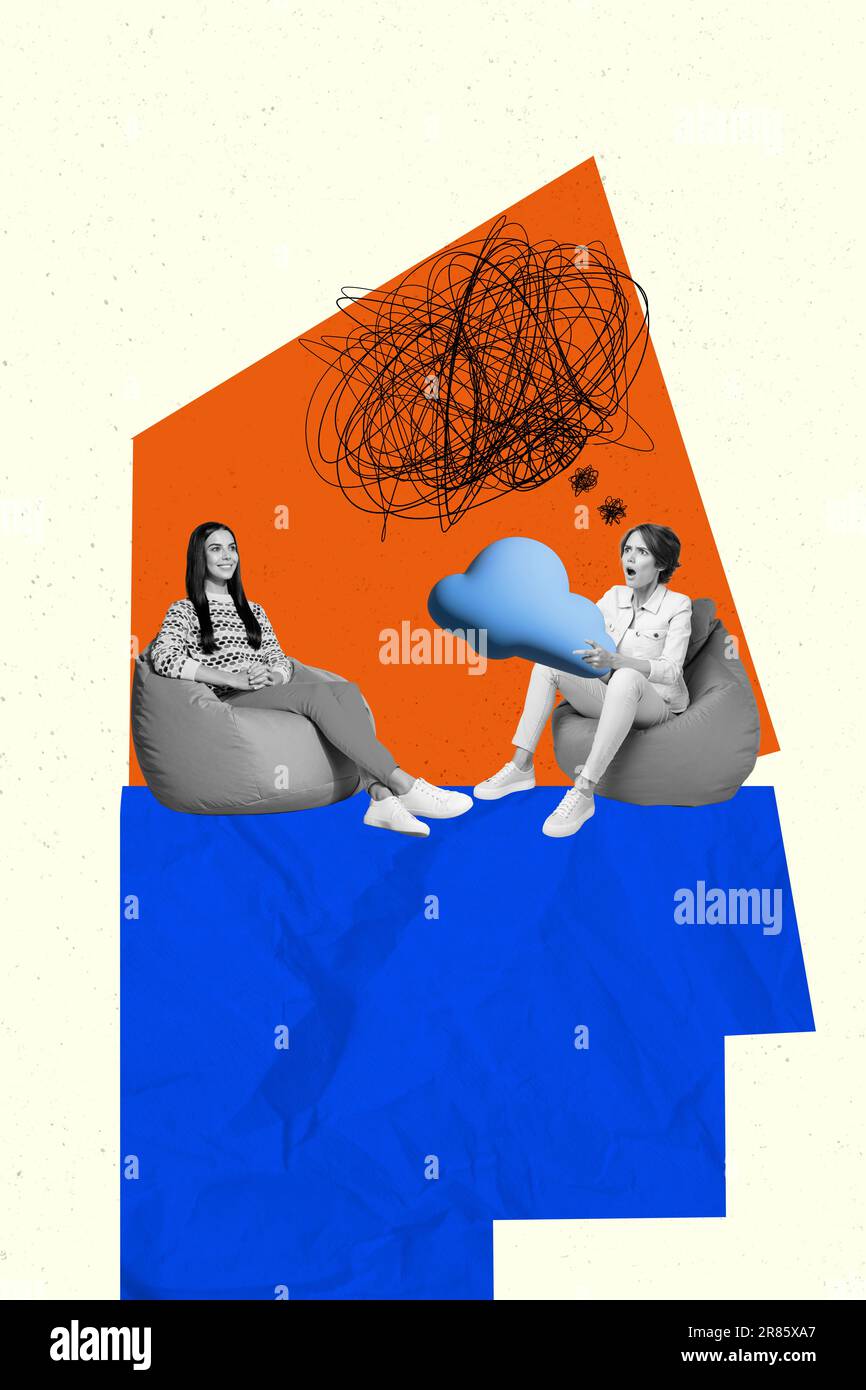 Vertical creative composite photo of people siting in bean bag girl at ...