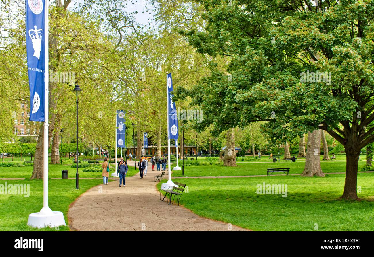 London Camden Russell Square inside the gardens with trees and leaves ...
