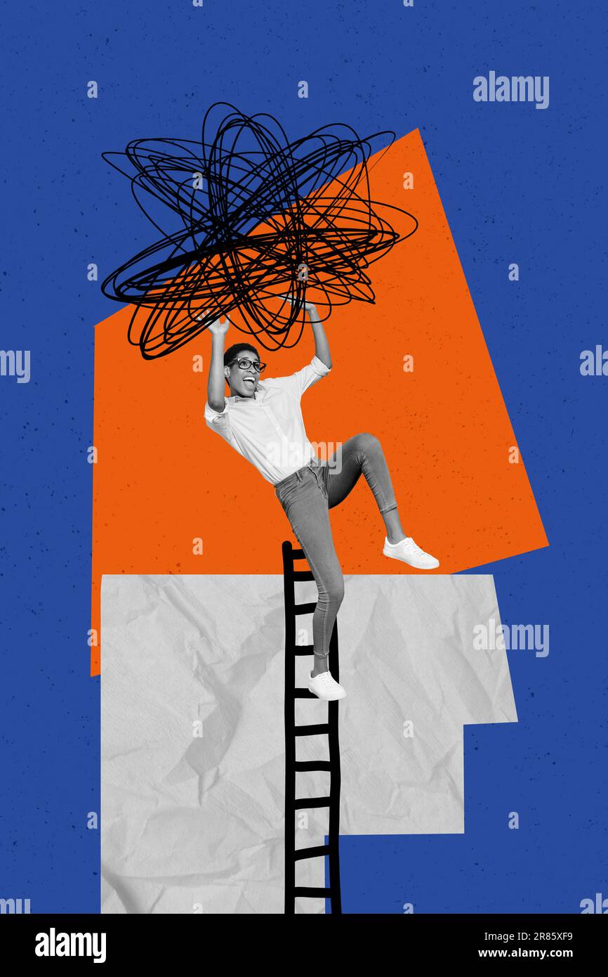 Vertical collage of complicated funky woman hold confusion drawing ...